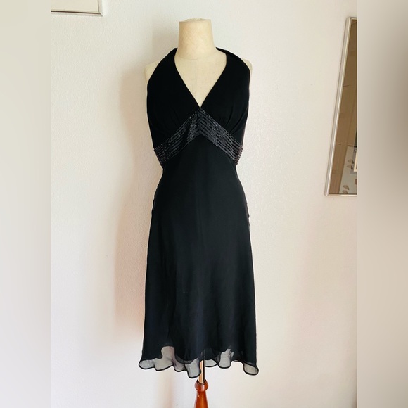 Cachet | Dresses | Vintage Cachet Black Organza Halter Top Beaded Midi ...
